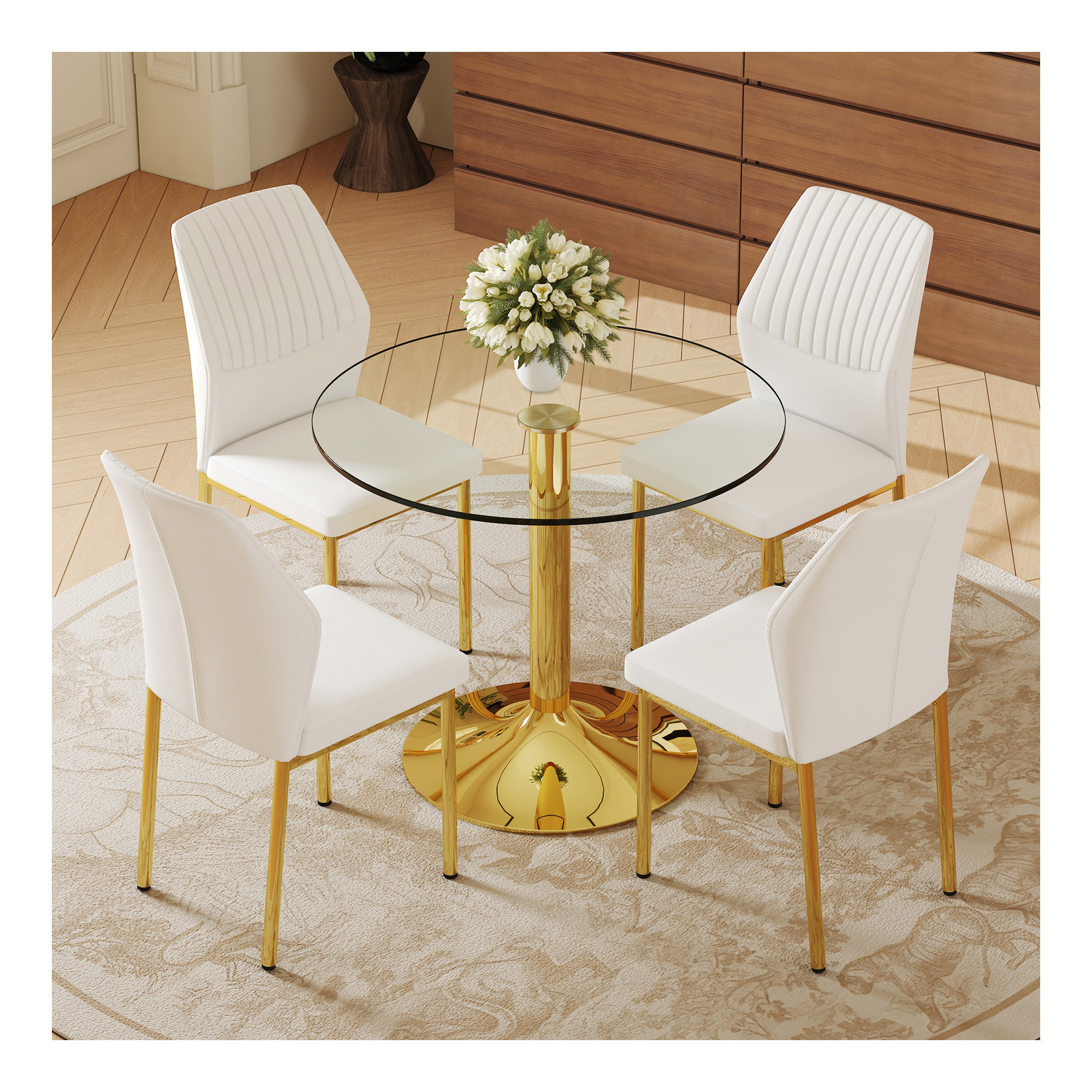 Ivy Bronx Table and chair set.A 35" Transparent Tempered Glass Round Dining Table-Gold Metal ...